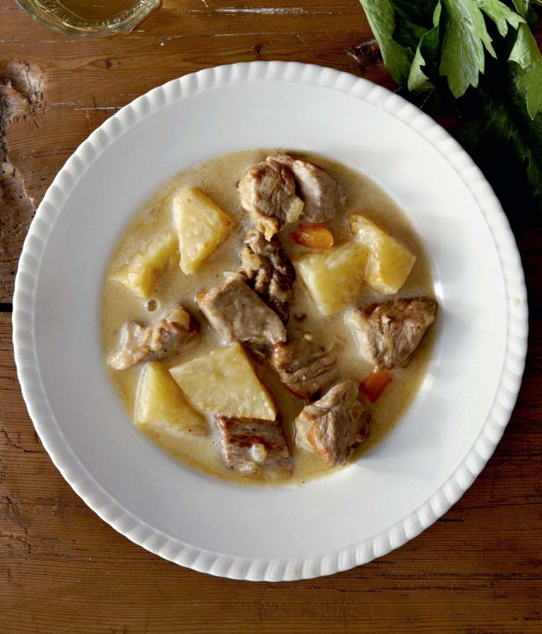 Pork with celery root in Avgolemono (egg-lemon) sauce | ARGIRO BARBARIGOU